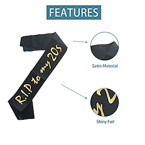 RIP to My 20s Sash, Funny 30th Birthday Sash for Men Women, 30th Birthday Funny Gifts, Death to My Youth Birthday Party Decorations Supplies Favors (Soft Black Sash with Gold Glitter Lettering)