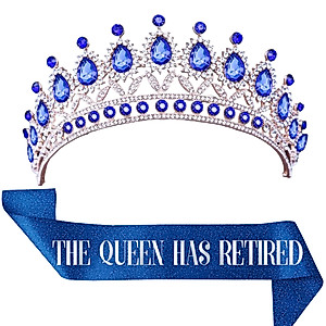 Retirement Tiara & Sash Set – The Queen Has Retired Sash and Crown with Rhinestones for Women & Large Gold Safety Metal Pin. Great for Retirement Party & Events (Blue)