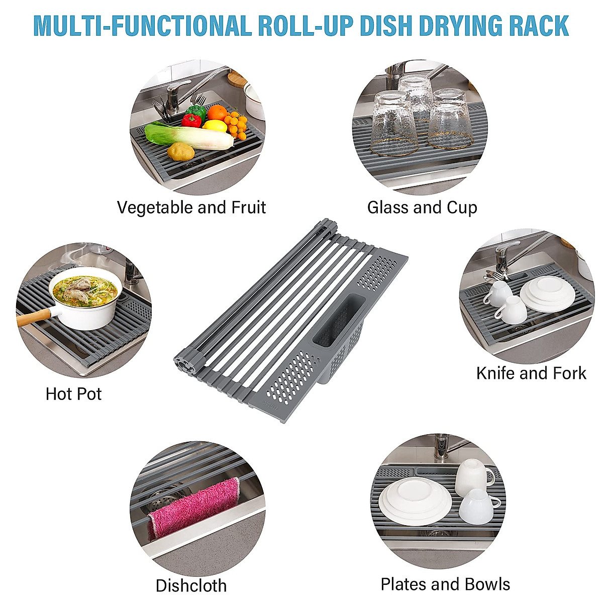 ATTSIL Roll-Up Dish Drying Rack, Multifunctional Rollable Over Sink Dish Rack with Utensil Holder, Foldable Silicone Wrapped Steel Drain Rack for Kitchen Sink Counter, 16.85"(L) x 12"(W)