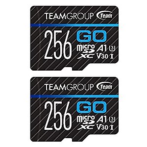 TEAMGROUP GO Card 256GB x 2 PACK Micro SDXC UHS-I U3 V30 4K for GoPro & Drone & Action Cameras High Speed Flash Memory Card with Adapter for Outdoor Sports, 4K Shooting, Nintendo-Switch TGUSDX256GU364