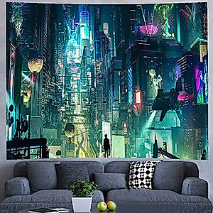 X-SISTER Fantasy Cityscape Tapestry Futuristic City Neon Punk Wall Hanging Teenage Boy Bedroom Tapestries 80×60 Inch for Livingroom Dorm Dormitory Apartment Tapestry TA21734