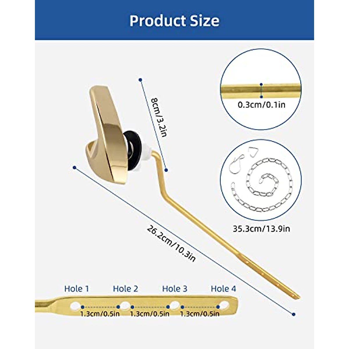 Hibbent Toilet Handle Replacement, Side Mount Tank Flush Lever Handle Compatible with Kohler Toilet Tank, Toilet Trip Lever with Stainless Steel Flapper Chains, Toilet Repair Handle, Polished Brass