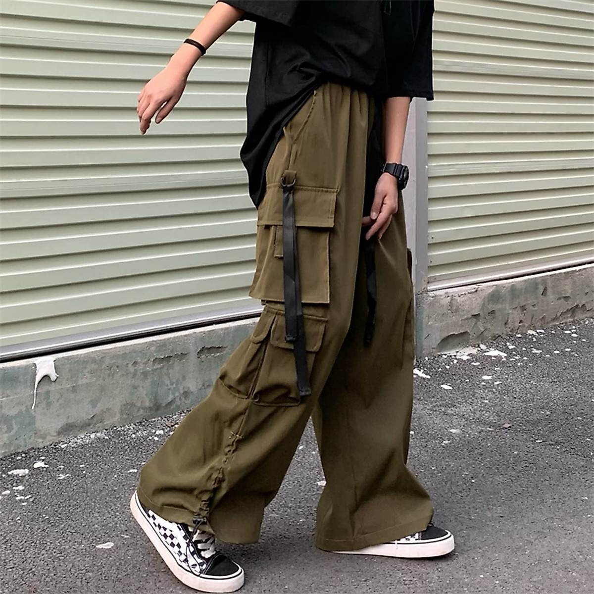 Women Joggers Goth Y2K Baggy Loose Pants Outdoor Cargo Pants Punk Streetwear (Army Green,L)