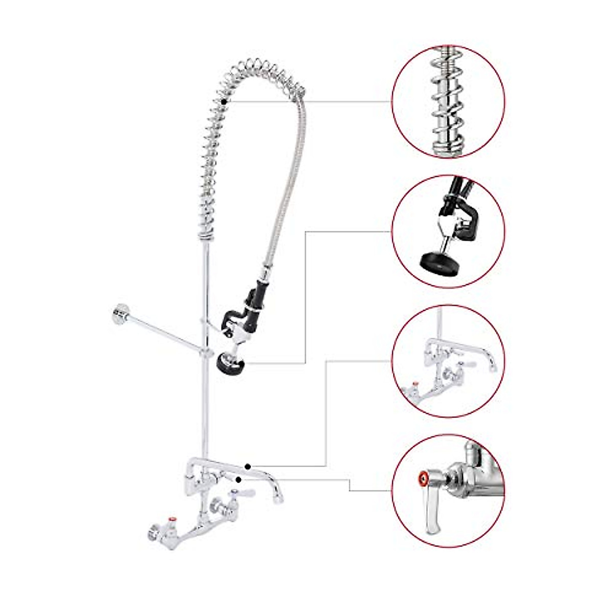 Commercial Kitchen Sink Pre-Rinse Faucet - DuraSteel 42" Height 8" Center No-Lead Wall Mount Industrial Faucet w/ Pull Down Pre-Rinse Sprayer & 12" Add-on Swing Spout - NSF Certified