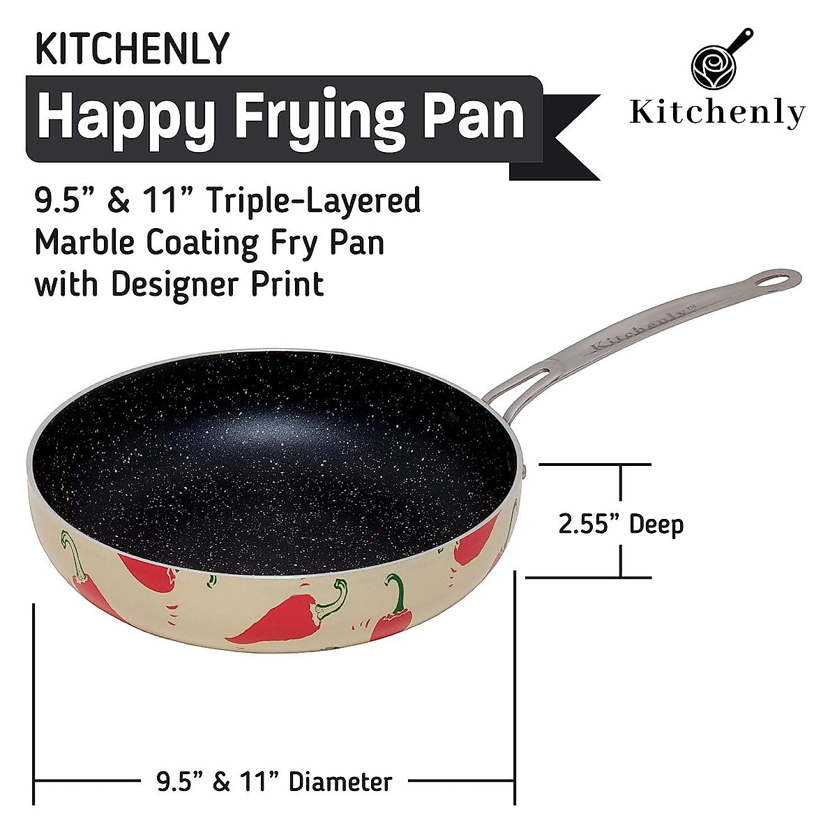 KITCHENLY Nonstick Frying Pans with Lids - Granite Frying Pans with Stone Coating | Nonstick Skillet Cooking Pan Set | Electric, Gas Induction Compatible | 9.5 & 11 inch | Chili - 2 Pack