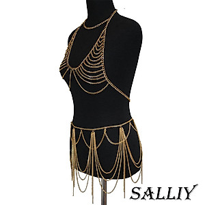 Salliy Boho Body Chain Bra Gold Sexy Rhinestone Bikini Bra Body Halter Backless Sequins Chain Bra Beach Body Accessories Jewelry for Women (Gold Bra + Skirt)