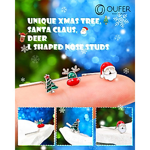 OUFER 20G Nose Studs, Christmas Elements L-Shaped Nose Piercing Jewelry, 316L Stainless Steel Nose Ring Stud, Nostril Piercing Jewelry for Women And Men