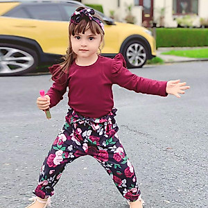 YALLET 3Pcs Toddler Girl Clothes,Solid Color Long Sleeves Ruffle Top+ Floral Pant +Floral Headband