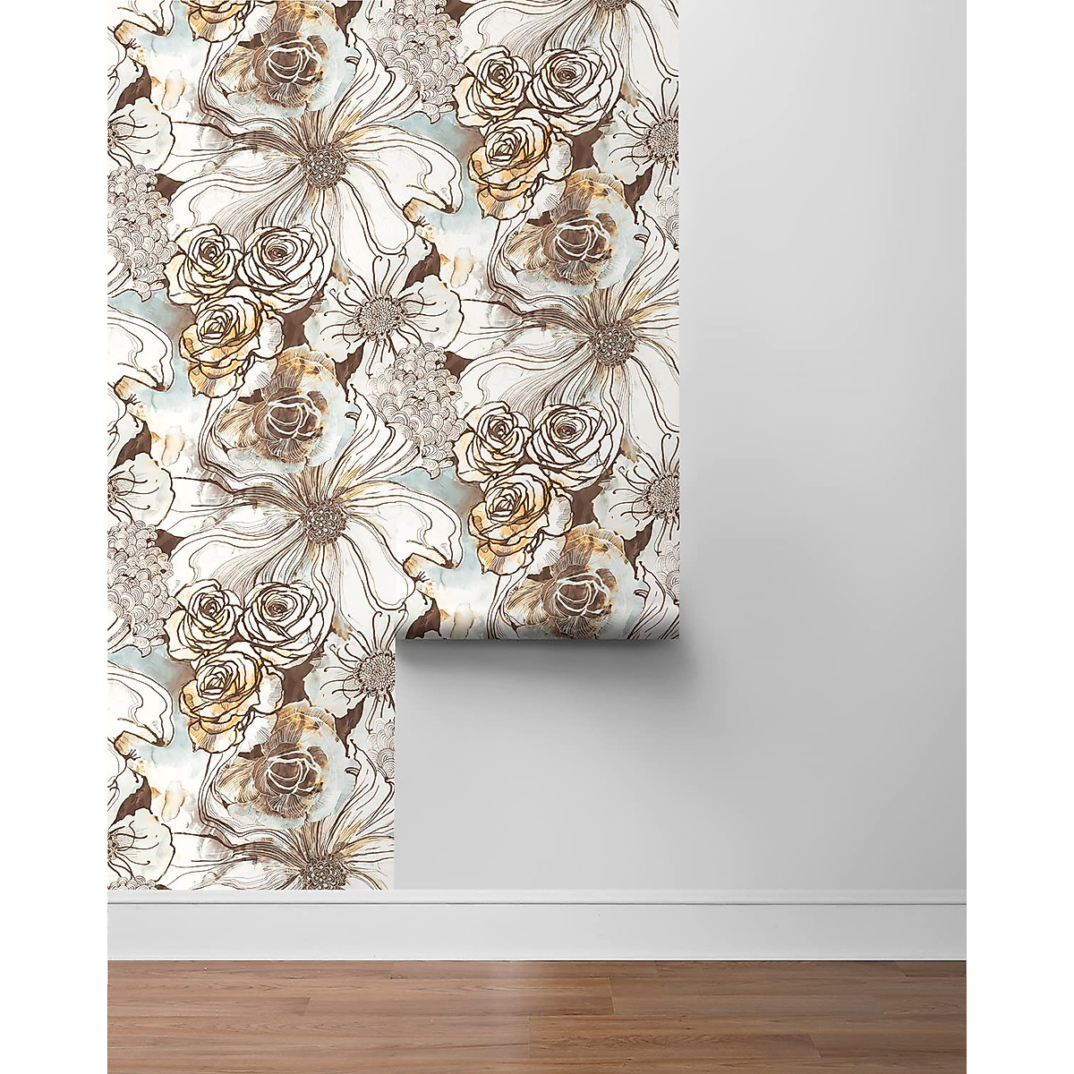 NextWall Harry & Grace Ink Rose Abstract Floral Peel and Stick Wallpaper (Mocha & Blue Mist)