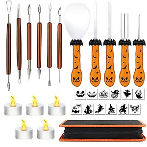 XINYA BAO 28 PCS Pumpkin Carving Kit Tools Halloween Professional Heavy Duty Stainless Steel Carve Knife Set with LED Candle Lights, Stencils, Storage Bag, Gifts & Adults DIY Lantern Decorating.