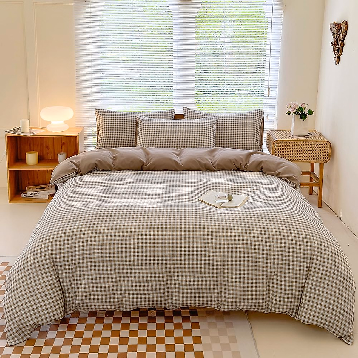 NSNLGSGC Twin Grid Gingham Duvet Cover Set Tan - Washed Soft Comforter Cover Set Brown Lightweight Bedding Set (2PCS, Twin)