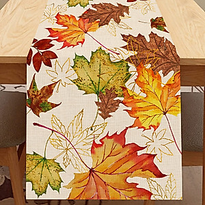 Seliem Fall Maple Leaves Table Runner, Thanksgiving Watercolor Plant Yellow Leafs Home Kitchen Decor, Autumn Harvest Seasonal Colorful Botanical Farmhouse Burlap Dining Decoration Party Supply 13 x 72