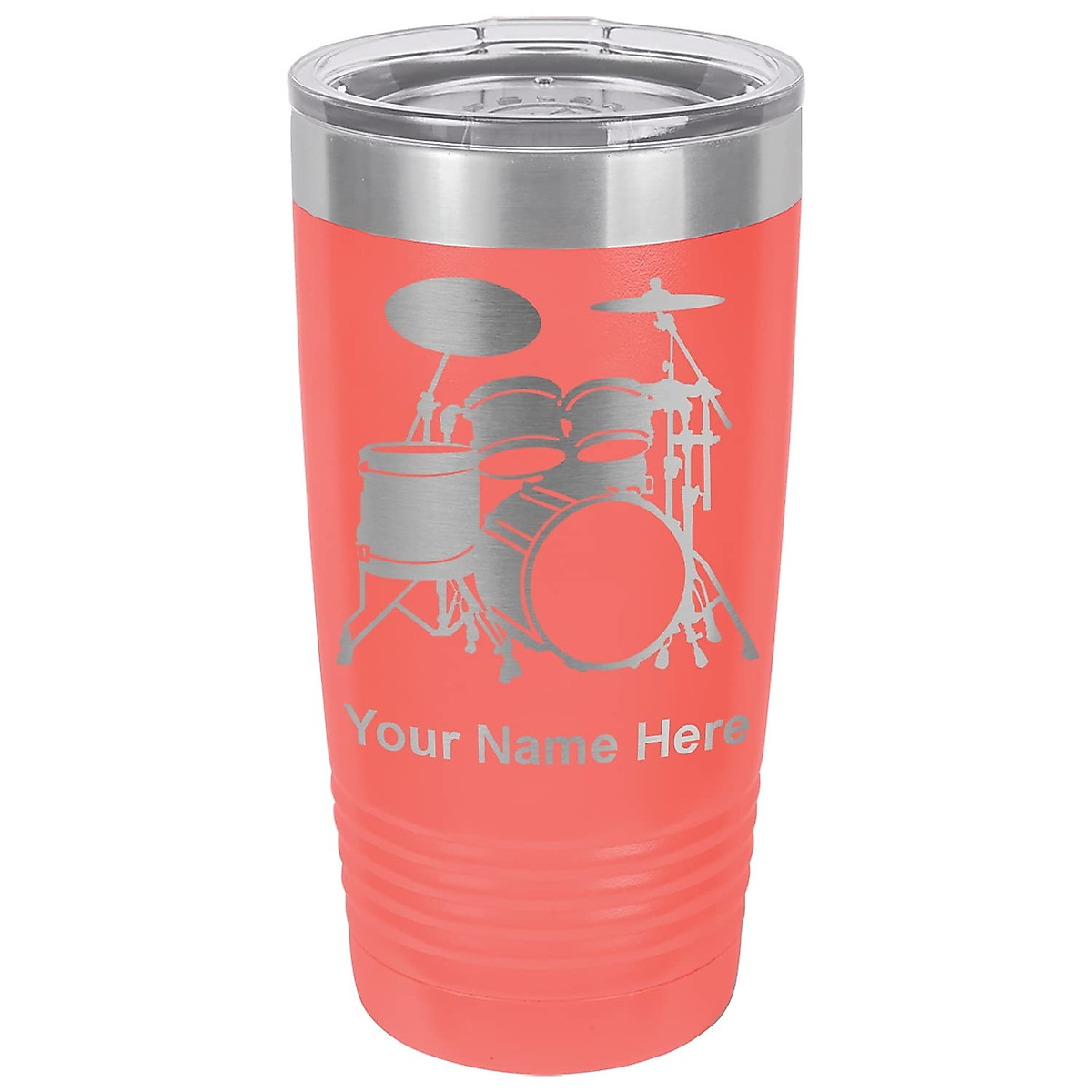 LaserGram 20oz Vacuum Insulated Tumbler Mug, Drum Set, Personalized Engraving Included (Coral)