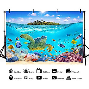 MEHOFOND 7x5ft Soft Fabric Summer Ocean Photography Backdrop Under The Sea Turtle Photo Background Ocean Coral Sky Clouds Seaside Islands Birthdy Baby Shower Party Decor Portrait Photo Props