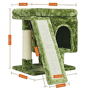 SYANDLVY Small Cat Tree for Indoor Cats, Kittens Condo with Scratching Post and Board, Cat Cave, Modern Cat Activity Tower with Plush Perch (Green)
