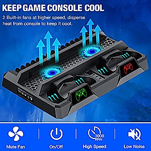 PS4 Stand Cooling Fan for PS4 Slim/PS4 Pro/PlayStation 4, PS4 Stand Vertical Stand Cooler with Dual Controller Charge Station & 16 Game Storage, PS4 Organizer Stand with Game Storage PS4 Accessories