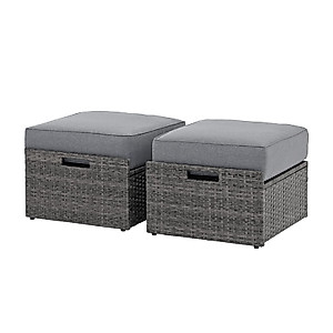 Super Patio Outdoor Wicker Ottoman Set of 2, All Weather Rattan Patio Ottoman Set with Thick Cushion, 2 Pieces Footstool Footrest Seat for Outside Garden, Balcony, Living Room, Gray