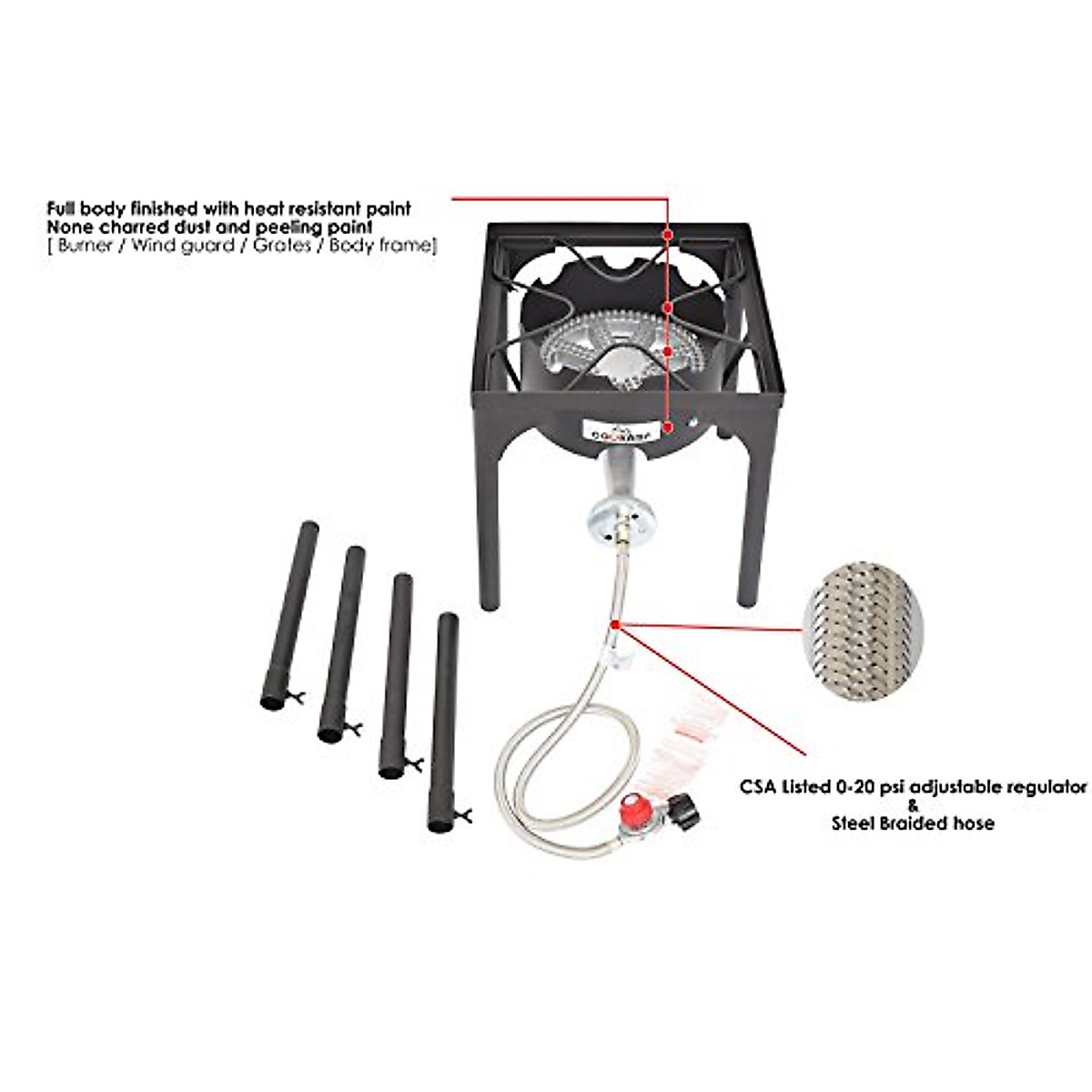 COOKAMP High Pressure Propane Burner Banjo Single Wok Burner with Adjustable Height. 0-20 PSI Adjustable Regulator and Steel Braided Hose SA1550