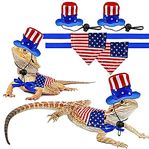 Vehomy 4Pcs Independence Day Bearded Dragon Costume 4th of July Bearded Dragon Hats Lizard Bandanas Lizard Uncle Sam Hat American Flag Hat Lizard Flag Bandana Scarf for Hamster Leopard Gecko