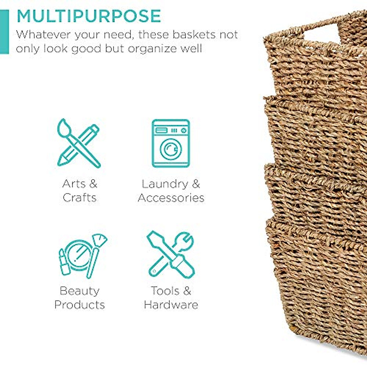 Best Choice Products Rustic Set Of 4 Multipurpose Stackable Seagrass Storage Basket, Handwoven Laundry Organizer Totes for Bedroom and Living Room, Shelves, Pantry w/Insert Handles - Natural