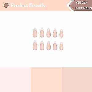 YOSOMK French Tip Press on Nails Almond Medium Fake Nails with Chrome Designs Glossy Nude False Nails Mirror Glue on Acrylic Nails for Women