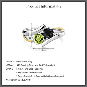 Gem Stone King 1.26 Ct Round Black Sapphire Green Peridot 925 Silver and 10K Yellow Gold Lab Grown Diamond 2 Stone Crossover Ring (Size 5)