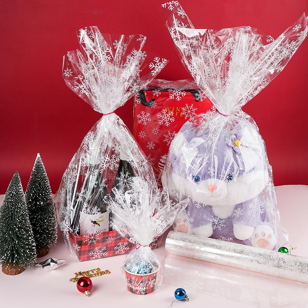 Kolewo4ever 100 Ft X 32 in Christmas Cellophane Wrap Roll Snowflake Clear Wrapping Paper Cellophane Bags Thick Snowflake Wrap Cellophane for Christmas Gift Wrapping (Christmas Snowflake)