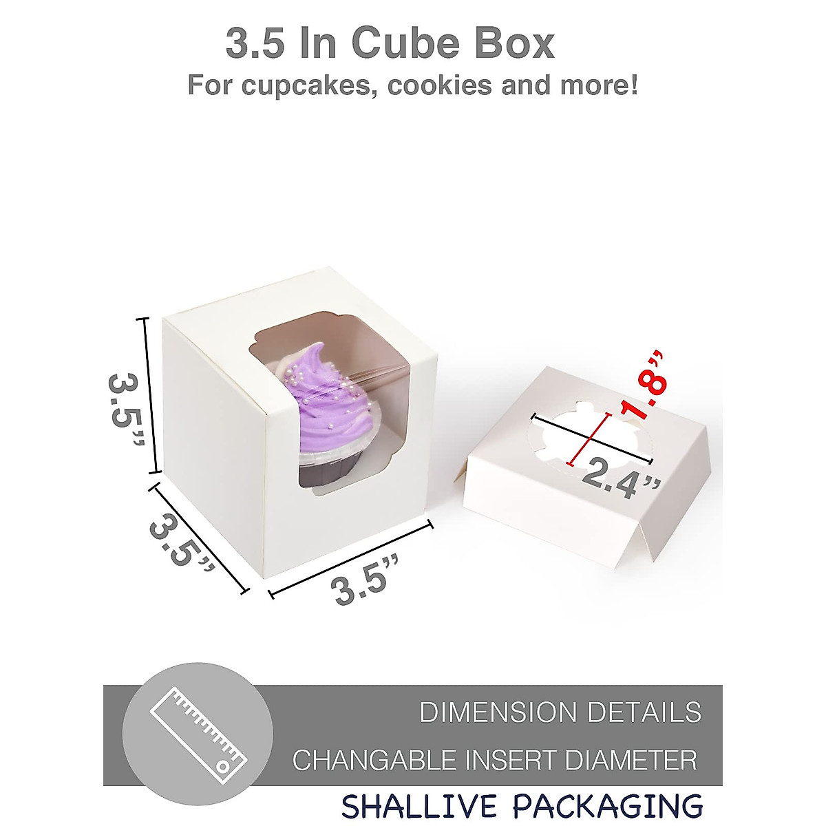 SHALLIVE 60 Pcs Cupcake Boxes Individual White with Insert, Auto Popup Single Cupcake Containers Hot Cocoa Bomb Boxes with Window for Cupcakes Treats Chocolate Strawberries Cookies for Graduation and Baby Shower Birthday Gifts