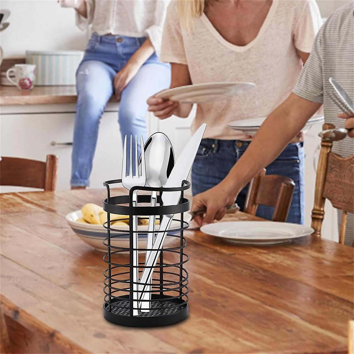 Wire Utensil Holder for Kitchen Counter, Metal Wire Cooking Utensils Holder, Spoon Fork Cutlery Drainer Organizer Shelves, Countertop Round Utensil Storage Caddy for Spatulas, Chopsticks, Spoons