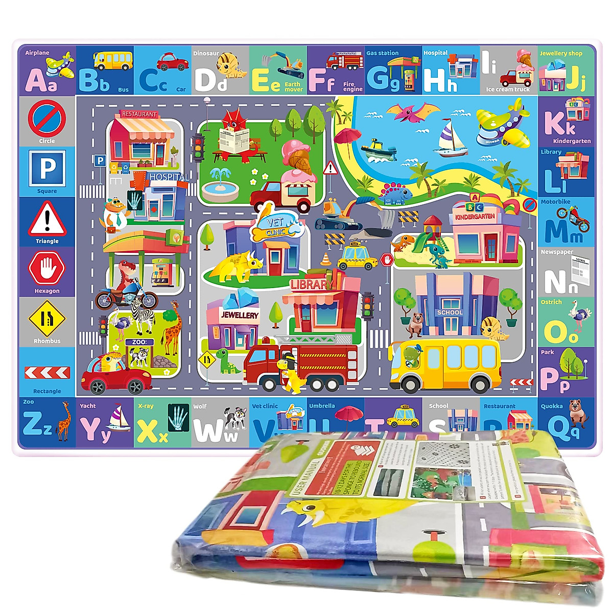 QUOKKA ABC Floor Play Mat – Extra Thick 0.8cm Non-Slip Padded Nursery Rug with City Design for Babies Toddlers & Kids – Super Soft Plush Mat for Playroom - Foldable Gift for Boys and Girls