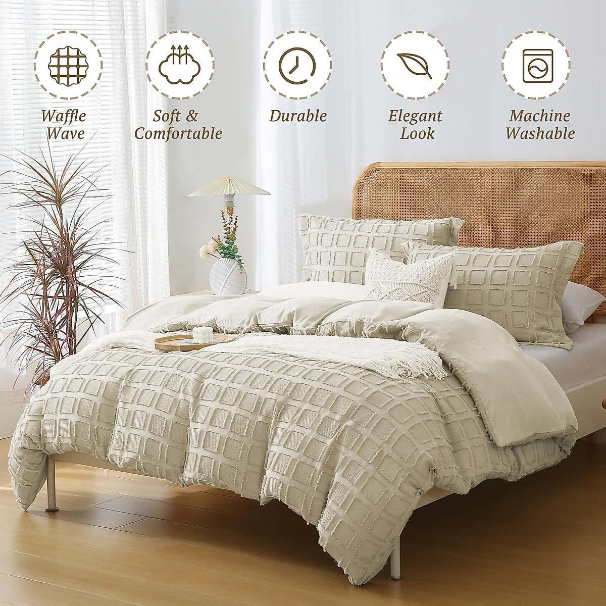 MILDLY Waffle Weave Duvet Cover Set Beige Tufted Duvet Cover 100% Washed Microfiber Soft & Breathable Textured Comforter Cover Set with Zipper Closure Corner Ties