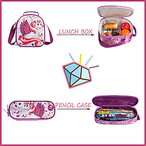 ZBAOGTW Rolling Backpack for Girls,Unicorn Rolling Backpack with Lunch Box and Pencil Bag, Adjustable Length Wheeled Backpack for School,Travel,Picnic