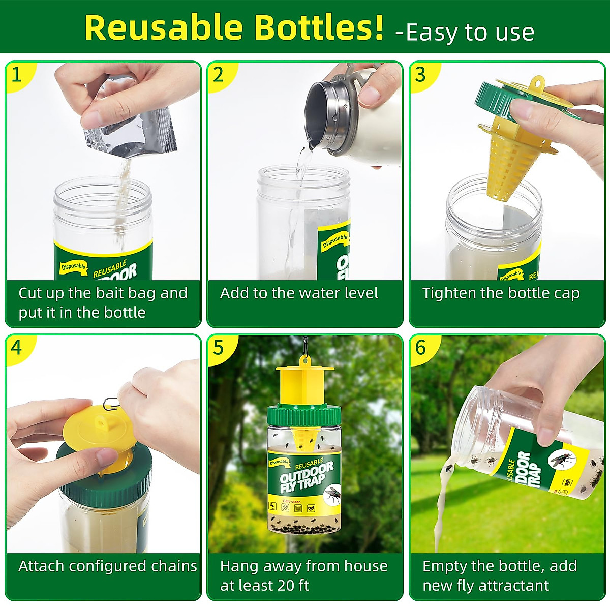 3 Pack Outdoor Hanging Fly Trap Bottles, Reusable Fly Killer Trap Catcher Jar with Natural Bait Refill and Tie Included,Fly Repellent for Outdoor Use Only - Controls Flies for Patios,Barns,Ranches