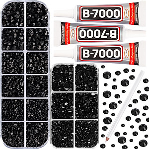b7000 Glue with 7500Pcs Black Rhinestones for Crafts Clothes Clothing Fabric, Shiny Black Flatback Crystals for Shoes Shirt Cloth Bows,Flat Back Diamonds Set Bedazzle Gems kit Jewels 2-5mm 4 Sizes Mix