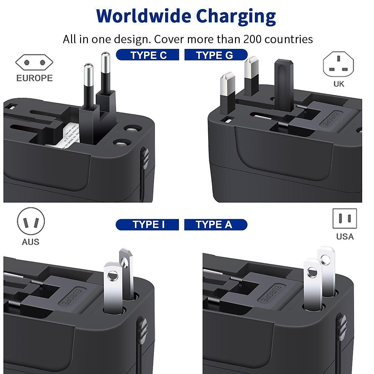 Universal Travel Adapter with 3.0A PD USB-C & QC USB-A Ports, Fast Charging International Plug Adapter, Worldwide Wall Charger AC Power Plug Converter Adaptor for US to EU UK AUS Asia