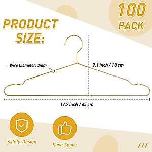 Wesiti 100 Pcs Stainless Steel Metal Hangers Wire Hangers for Clothes Strong Metal Hangers Wire 17.7 Inch Clothes Space for Coat Suit Bridal Boutique Dress Closet Dorm Clothing Rack(Gold)