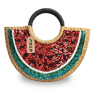 Semi-circle Rattan Straw Handbags, Hand-woven Summer Watermelon Beach Straw Bag with Sequin for Women