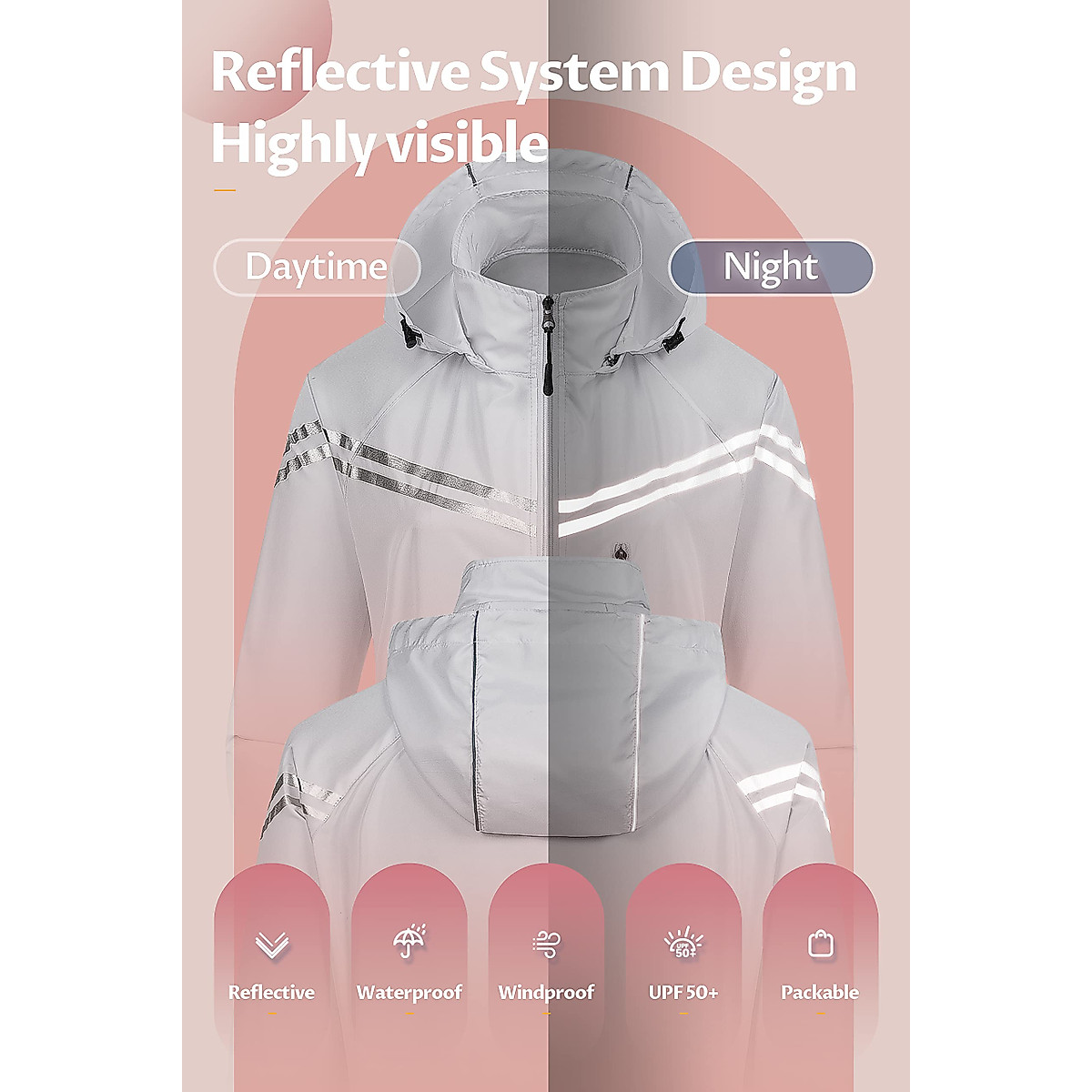 CREATMO US Women's Cycling Windbreaker Jacket, Waterproof Running Workout Rain Jackets, Packable Reflective Hiking Hoodie Grey 2XL