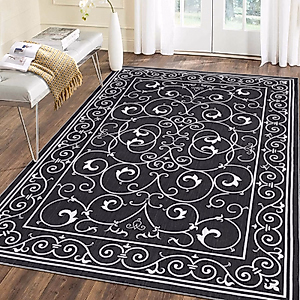 COZYLOOM 9x12 Rug Washable Living Room Rugs Moroccan Area Rug for Bedroom Nursery Vintage Floral Office Rug Non-Slip Backing Throw Rugs Modern Area Rug Distressed Room Decor Ghothic Rug Black Rug