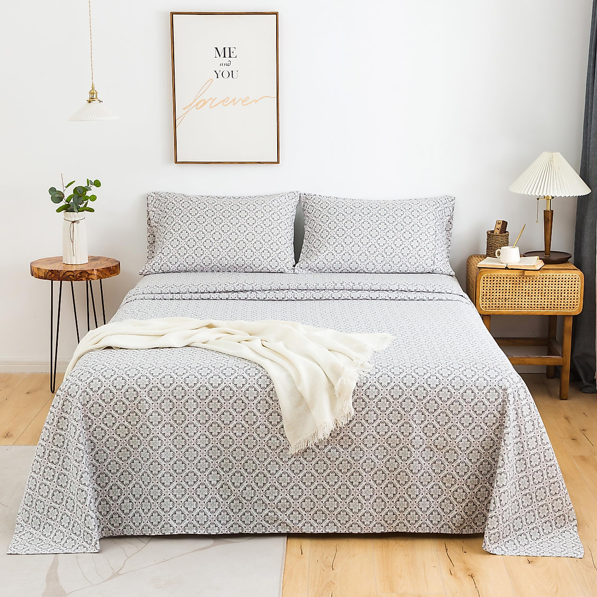 KaceMoo King Sheet Set 4PC Printed Sheets Beige Floral Pattern Boho Sheets Cooling Deep Pocket Microfibe Bed Sheet King Size, Luxury, Soft, Breathable, Hypoallergenic, Wrinkle Free for Kids Room, Dorm