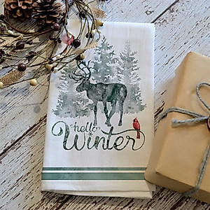 Seliem Hello Winter Watercolor Pine Trees Kitchen Dish Towel Set of 2, Cardinal Reindeer Blue Grey Hand Drying Baking Cooking Cloth, Red Bird Farmhouse Snow Holiday Decor Home Decoration 18 x 26 Inch