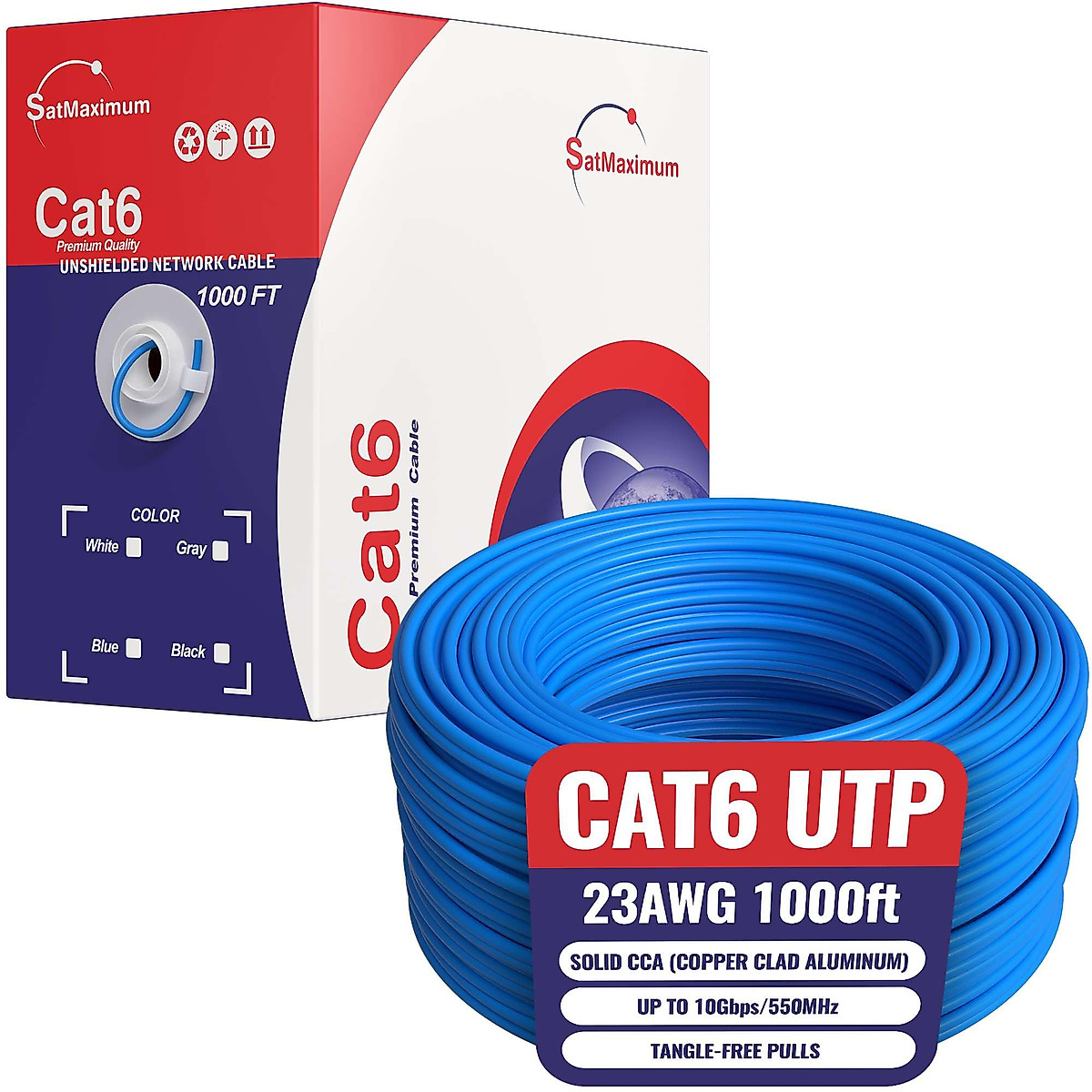 Cables Direct Online CAT6 Cable 1000ft Pull Box Solid Ethernet LAN UTP Cable 23AWG 550Mhz RJ45 Network CCA Copper Clad Aluminum Wire Bulk (Blue)