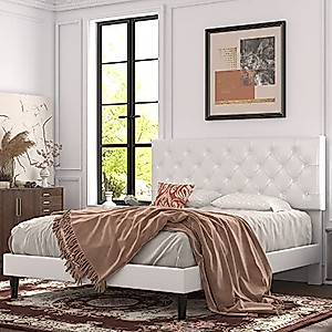 Allewie Full Bed Frame with Adjustable Diamond Stitched Button Tufted Headboard/Faux Leather Upholstered Platform Bed with Easy-Assembly Wood slats, White