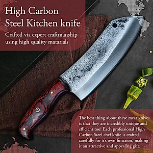 Morf Steelware High Carbon Steel Cleaver Chopper Knife, 9.75 inch Kitchen Knife with Leather Sheath, Chopping & Cutting Chef Knife For Meat and Vegetable - Red Pakka Wood Handle