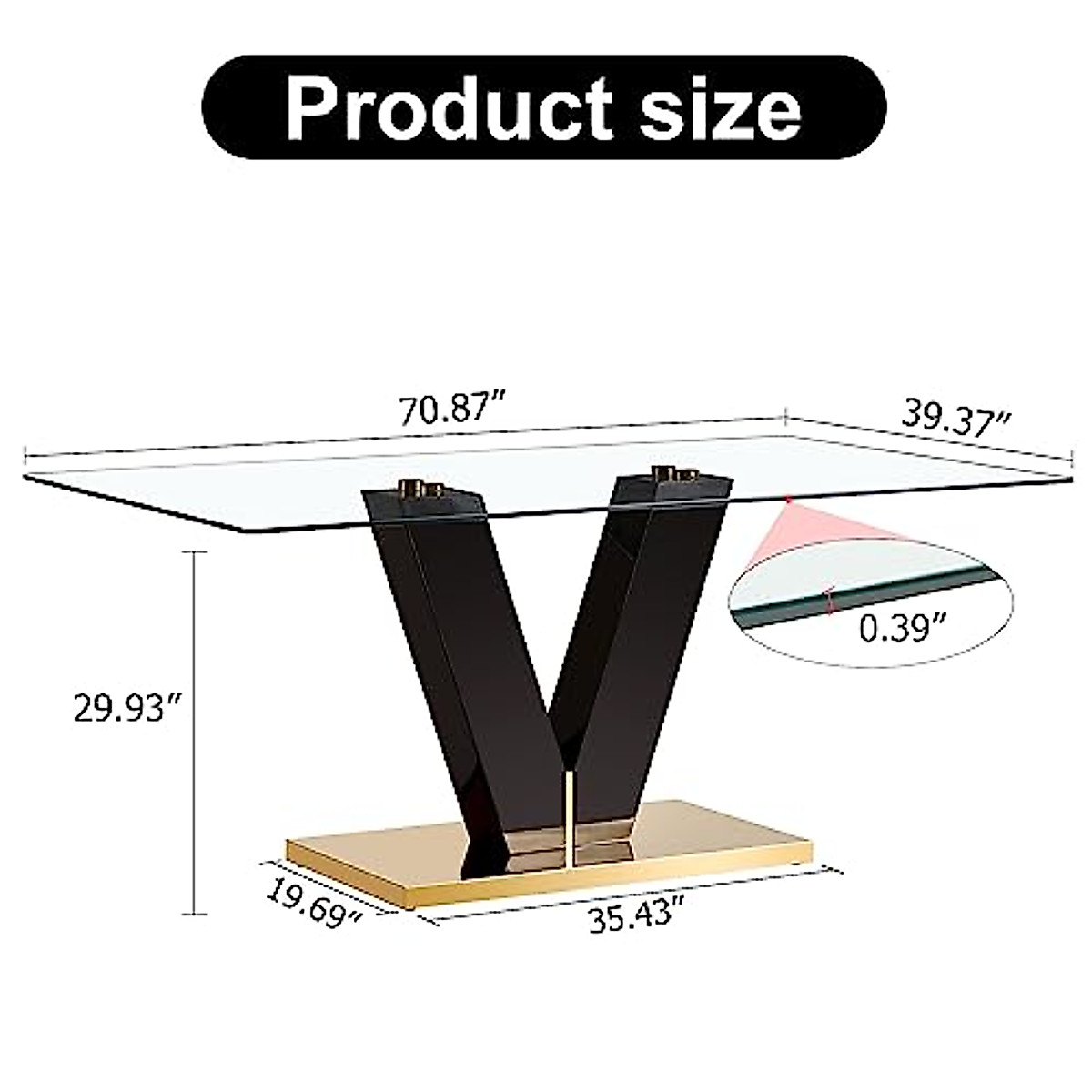 Modern Glass Dining Table for 8, Rectangle Glass Dining Room Table with Large Tempered Glass Tabletop & V Shaped Wood Frame, Golden Pedestal Base, 70.87" Glass Top Dining Table for Dining Room Kitchen