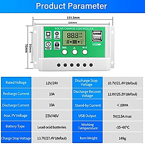 Cxztcl PWM Solar Charge Controller 10A Solar Panel Battery Controller Intelligent Regulator 12V/24V PWM LCD Display Solar Controller Street Light Controller