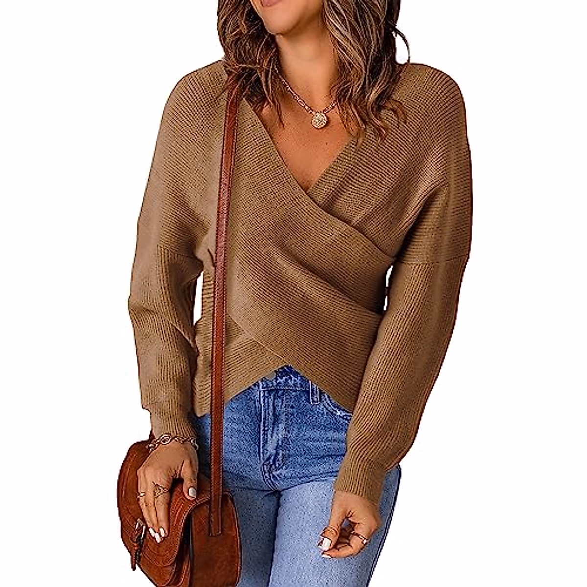KIRUNDO 2023 Fall Winter Women's Long Sleeve Cross Wrap V Neck Knit Sweater Off Shoulder Backless Casual Pullover Tops(Camel, Small)