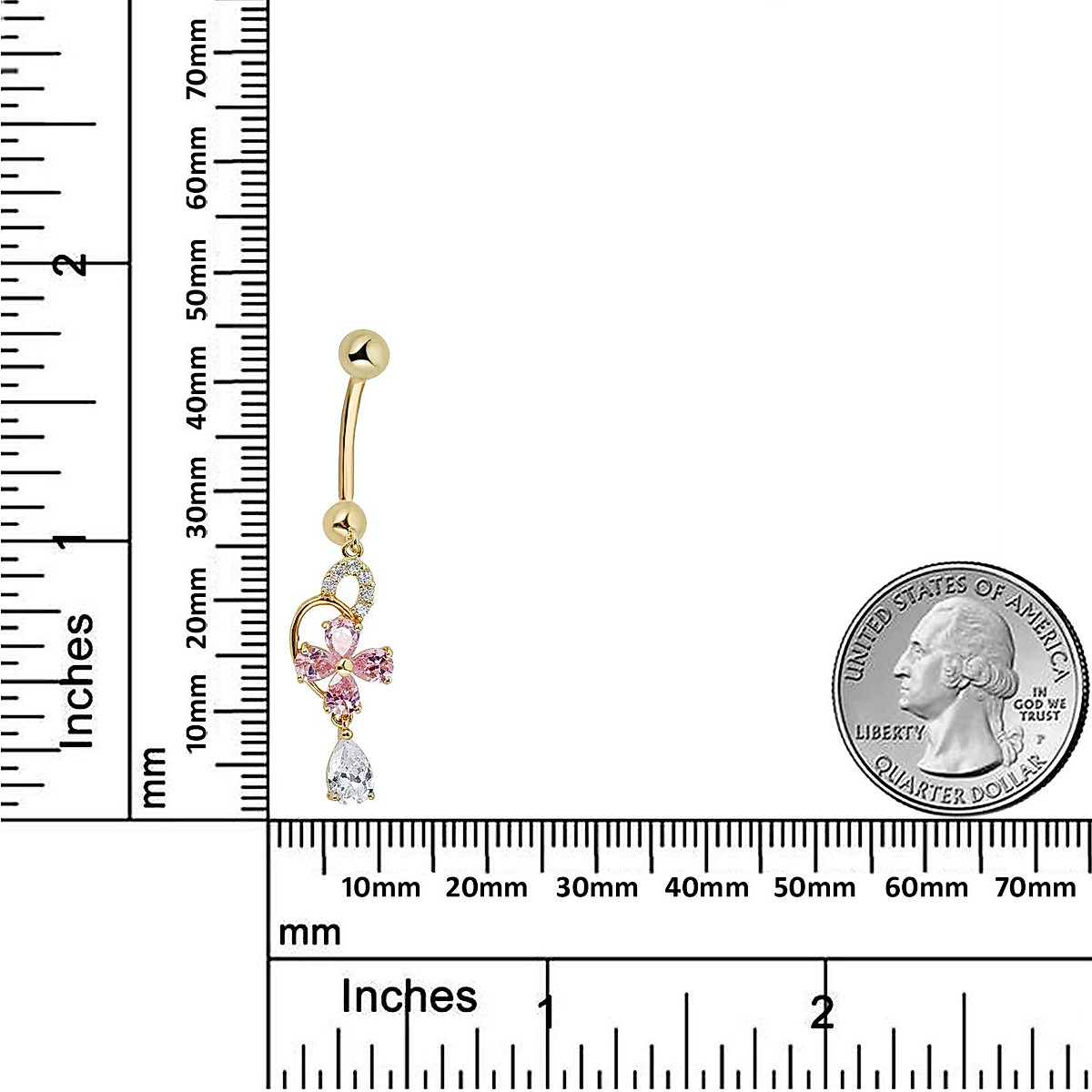AVORA 10K Yellow Gold Simulated Diamond CZ Dangling Pink Flower Belly Button Ring Body Jewelry (14 Gauge)