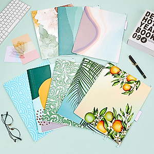 32 Colored Hanging File Folders with Tabs and Inserts, 8 Pretty Graphic Designs, 1/5 Cut Adjustable Tab, 9.3 x 11.7 Inches to Fit Letter Size Documents