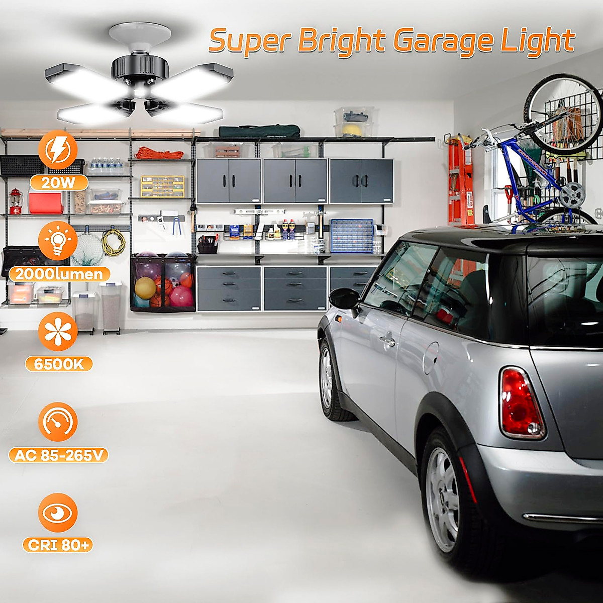 XINGHUANLIT LED Garage Light - 120W Garage Lights Ceiling LED 12000LM with 4+1 Deformable Panels, Screw in Garage LED Lights 6500K Fit for E26 E27 Bulb Socket, Lighting for Garage, Basement, Attic